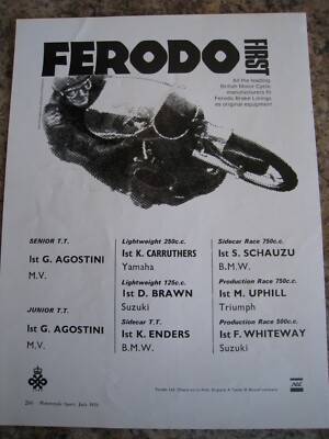 FERRODO FIRST BRAKE LININGS SENIOR TT G AGOSTINI MV 1970 ADVERT A4 FILE ...