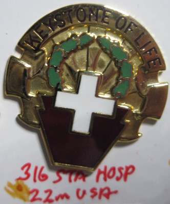 Army crest DUI DI CB clutchback 316th STATION HOSPITAL stn hosp 22m USA ...