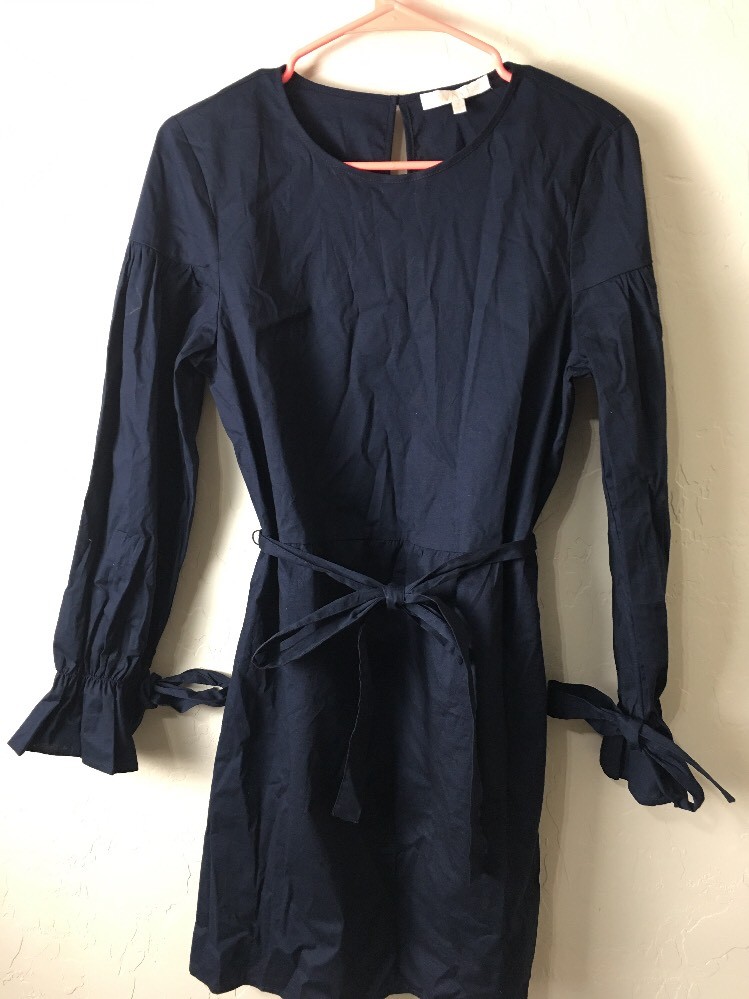 $75 Womens WAYF Jeane Bell Sleeve Poplin Dress Navy Belted Size S new ...