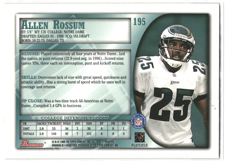 1998 Bowman Football Allen Rossum Rookie Philadelphia Eagles #195 | eBay