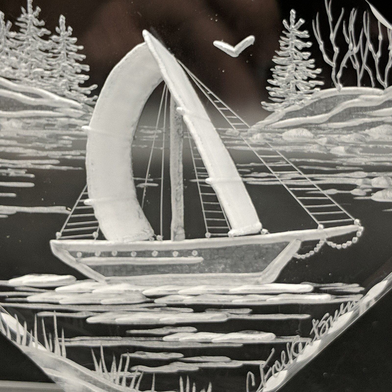 Cindy Folkertsma Acrylic Reverse Carving Sailboat Schooner Birds Sun ...