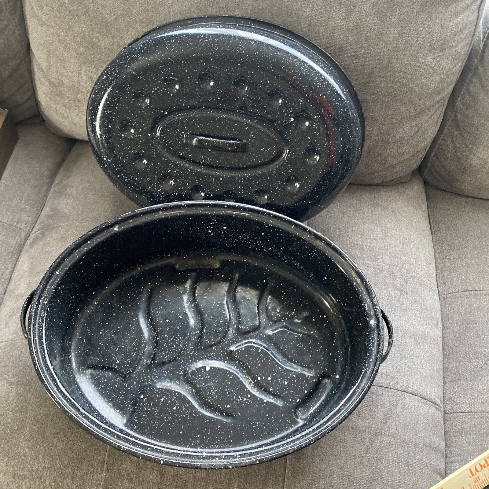Vintage Roaster Splatterware Enamelware Roasting Pan Dutch Oven Oval ...