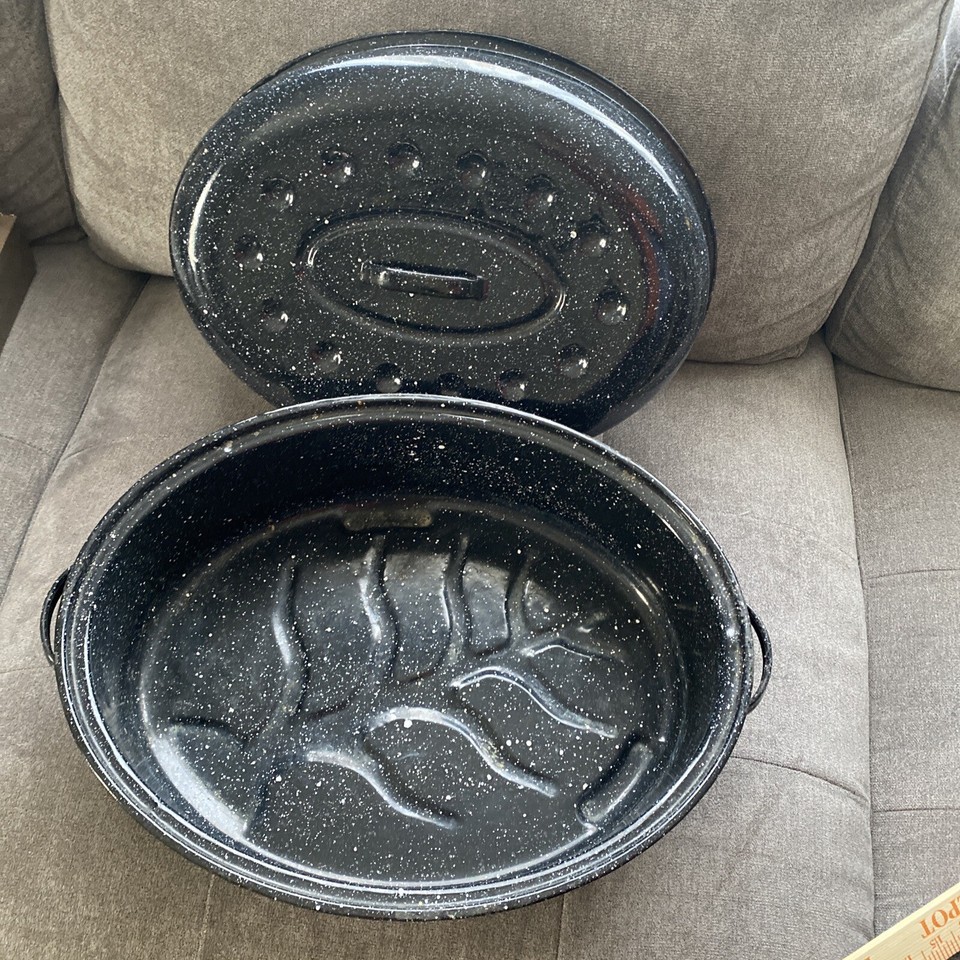 Vintage Roaster Splatterware Enamelware Roasting Pan Dutch Oven Oval ...