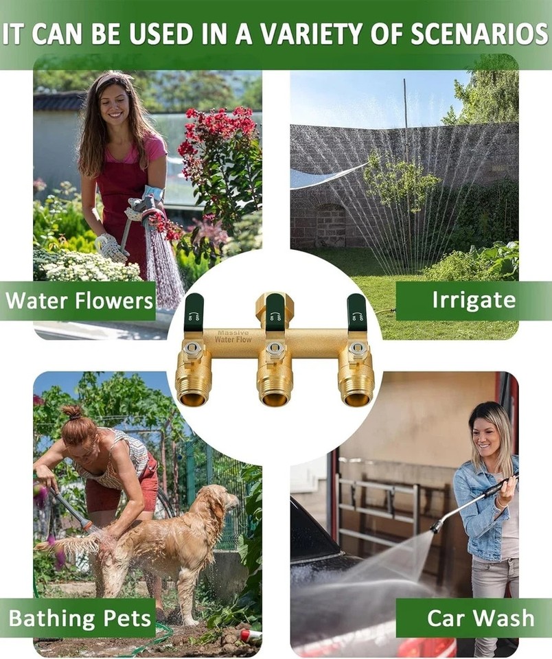 3 Way Hose Splitter, Heavy Duty Full Flow Garden Water Hose Bib Spigot ...