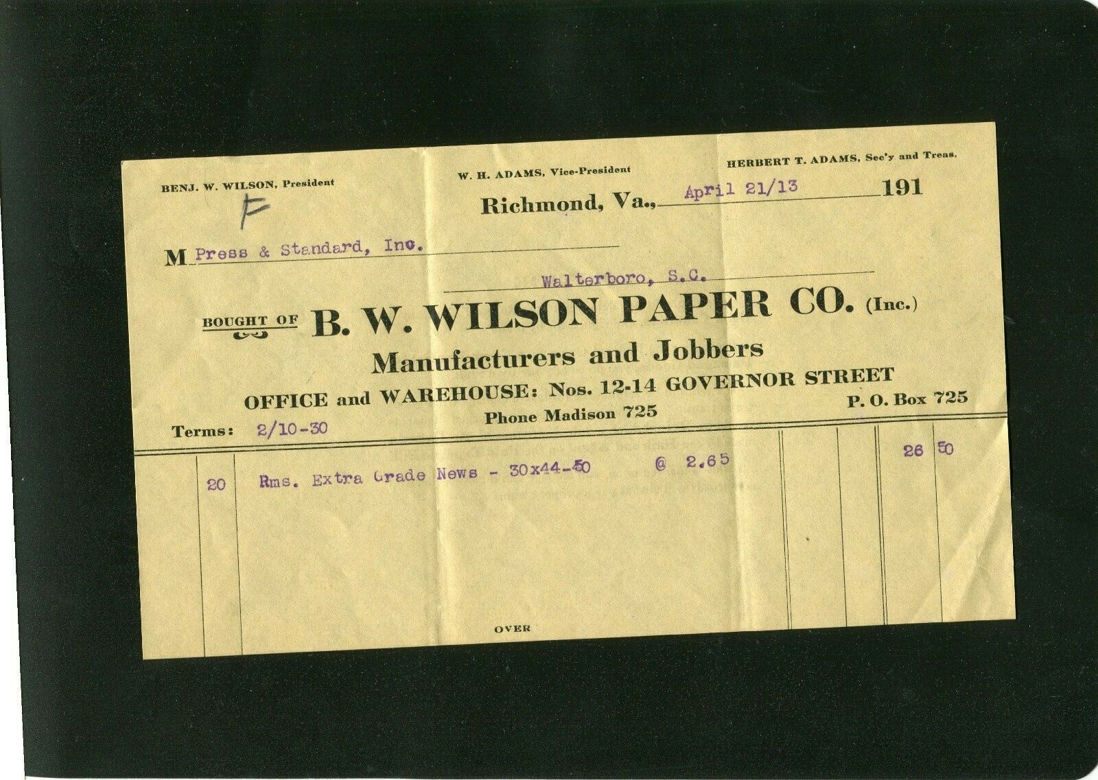 1913 B W WILSON PAPER CO RICHMOND VA BILL HEAD 8 1/2 X 4 3/4 INCHES 20 ...