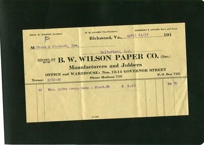 1913 B W WILSON PAPER CO RICHMOND VA BILL HEAD 8 1/2 X 4 3/4 INCHES 20 ...