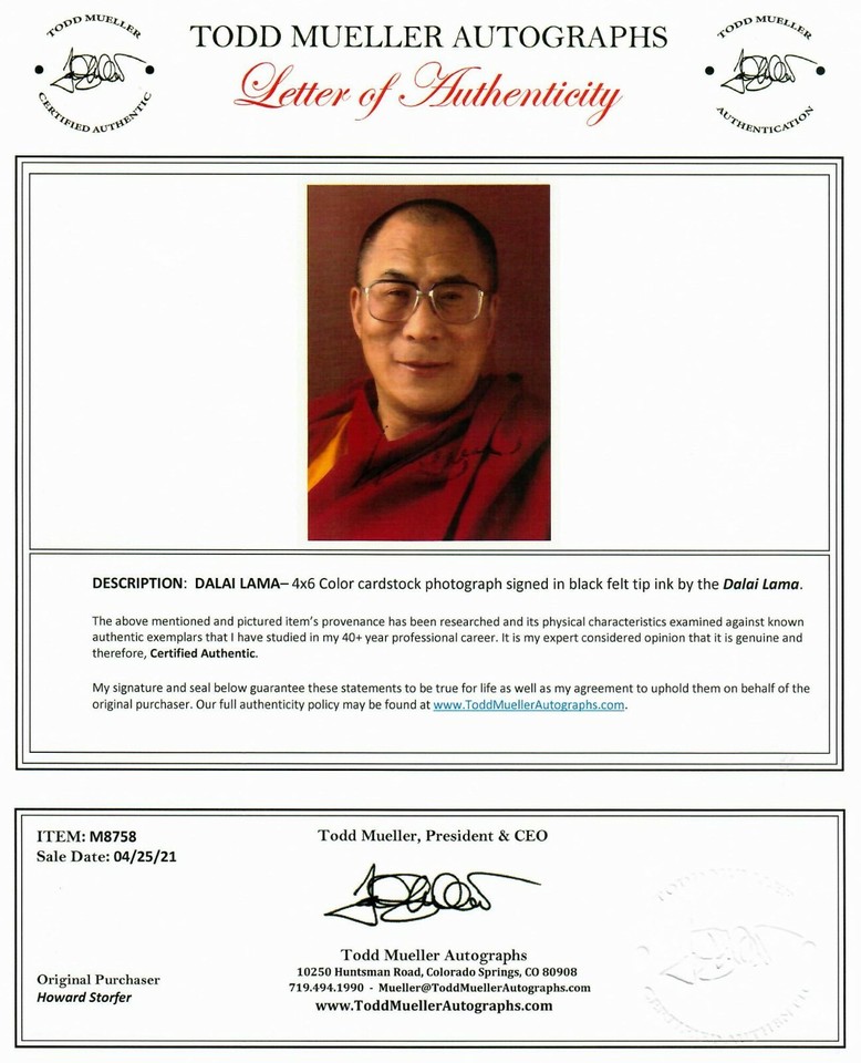 RARE IMAGE! “The Dalai Lama" Tenzin Gyatso Hand Signed 4X6 Color Photo ...
