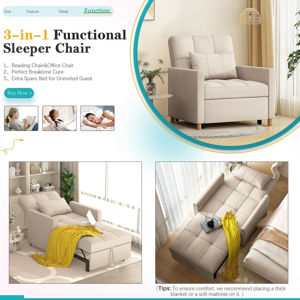 Convertible Sleeper Sofa Chair 3 in 1 Pull Out Chair Bed for Adult ...