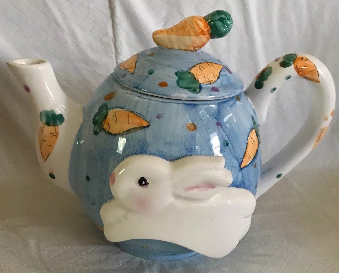 White Bunny Rabbit Teapot Ceramic Carrot Lid WCL 36 oz 3-D Blue Green ...