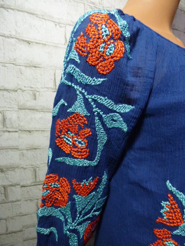$348 Trina Turk Blue Red Embroidered Bohemian Cotton Shift Dress 10 NEW ...