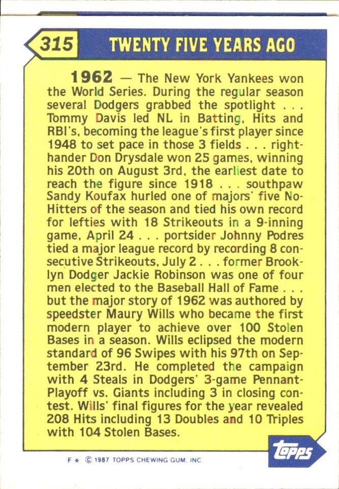 Maury Wills 1987 Topps #315 Los Angeles Dodgers FREE SHIPPING ...