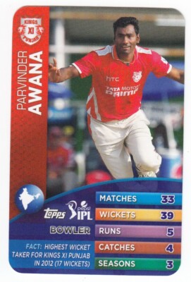 PARVINDER AWANA Kings XI Punjab 2015 TOPPS IPL Trump Cricket Card | eBay