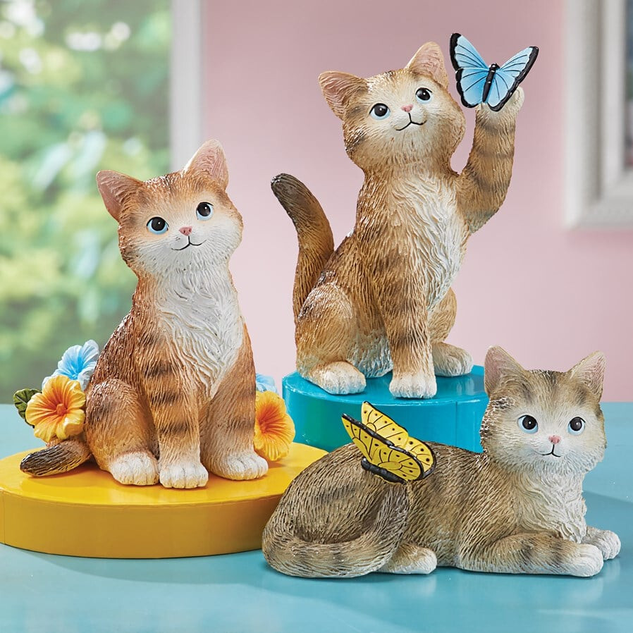Set of 3 Charming Cat with Butterfly Figurine Sitters Spring Table Home ...
