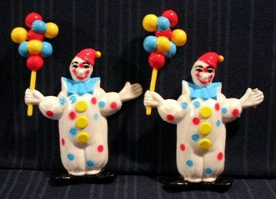 2 Vintage Hard Plastic Toy Clown Holding Colorful Balloons Old Store ...