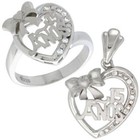 925 Sterling Silver 15 Anos Bow Heart CZ Sweet 15 Ring & Charm Pendant ...