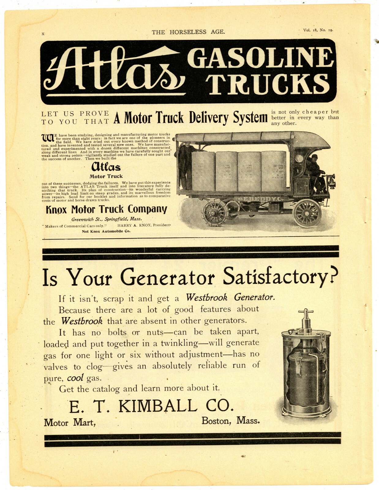 1907 Knox Motor Truck Co. Atlas Truck, Springfield, MA Ad: Rev is ...