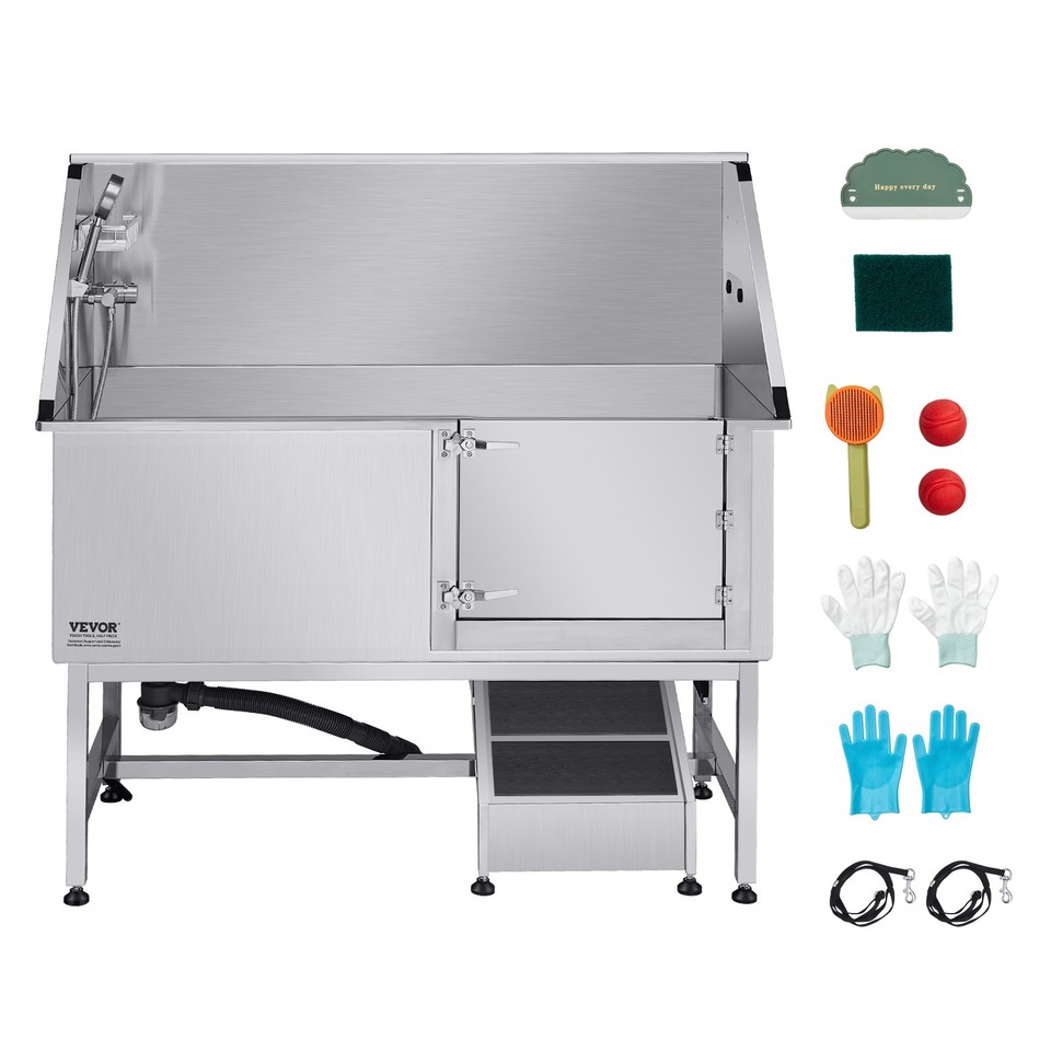 VEVOR 62in Pet Grooming Bath Tub Stainless Steel w/ Ramp & Water Filter ...