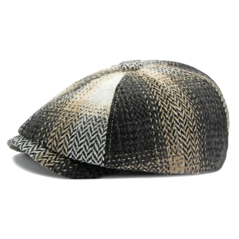 Retro Octagonal Cap Thickened Knitted Newsboy Cap Painter Hat Plaid ...