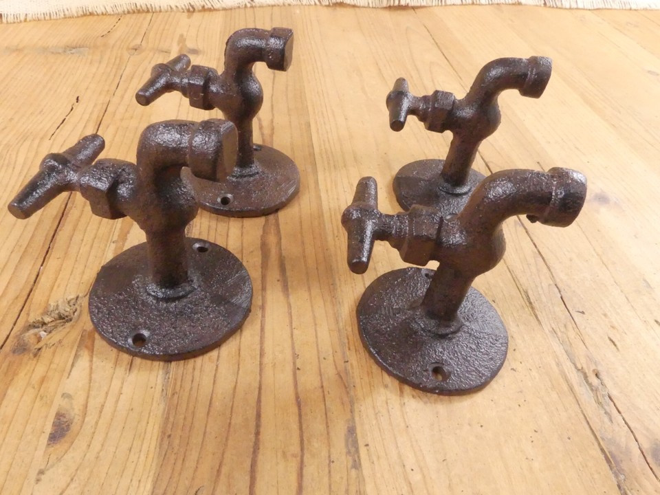 4 Rustic Hooks Cast Iron Faucet Spigot Towel Rack Bath Coat Farmhouse ...
