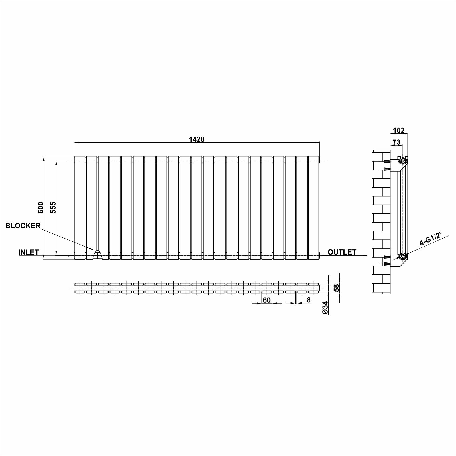 Horizontal Flat Panel Column Designer Radiator Central Heating White ...