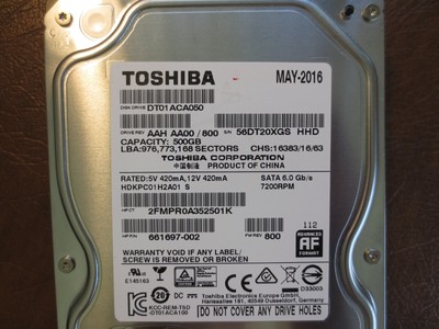 Toshiba DT01ACA050 HDKPC01H2A01 S AAH AA00 FW:800 500gb Sata 3.5" hard ...