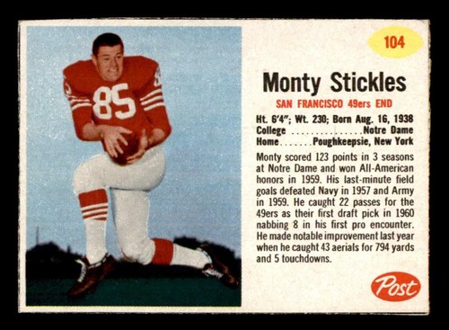 1962 Post Football #104 Monty Stickles VG/EX *e1 | eBay