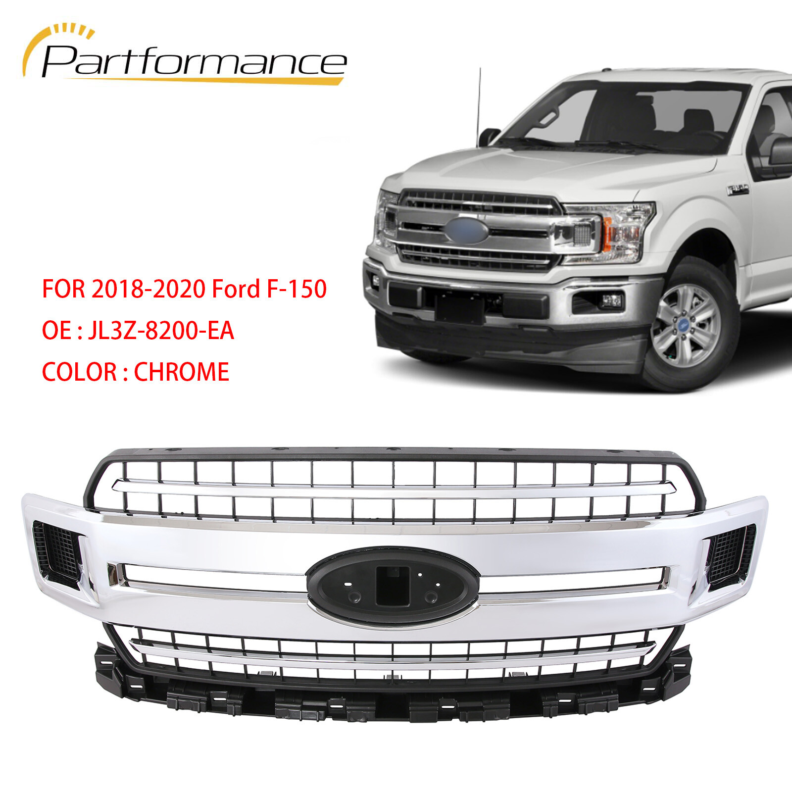 Chrome Grille JL3Z-8200-EA For 2018-2020 Ford F-150 Front Radiator ...