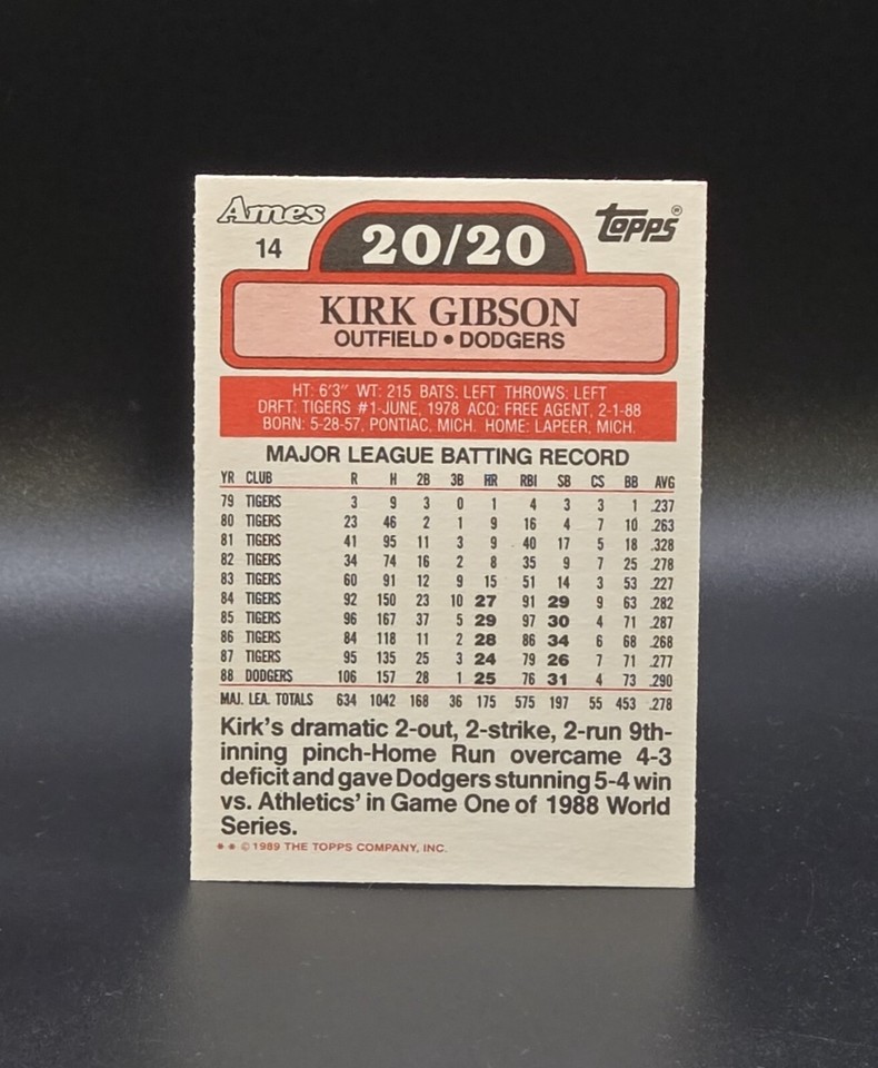 1989 Topps Ames 20/20 Club KIRK GIBSON Card #14 Los Angeles Dodgers ...
