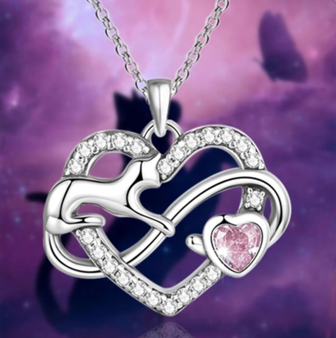 Pink Crystal Love Heart Cat Infinity Pendant 925 Sterling Silver ...