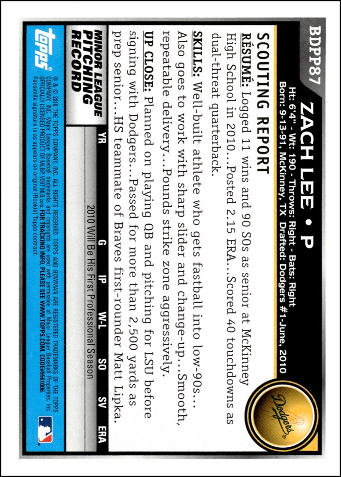 2010 Bowman Draft Picks Prospects #BDPP87 Zach Lee Rookie Los Angeles ...