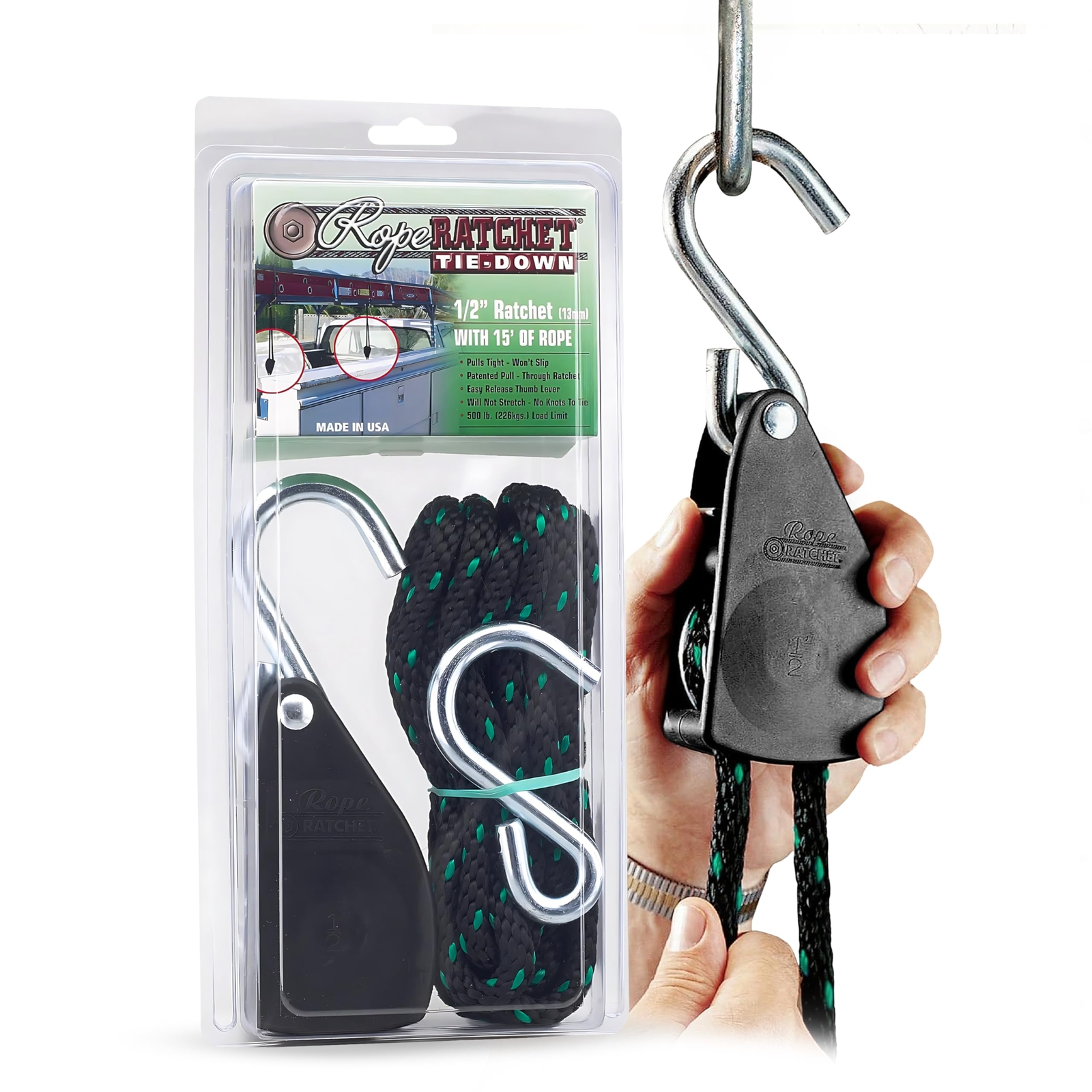 10035-1/2" Heavy Duty Tie Down Rope Pulley Hoist with 15' Solid Braided ...