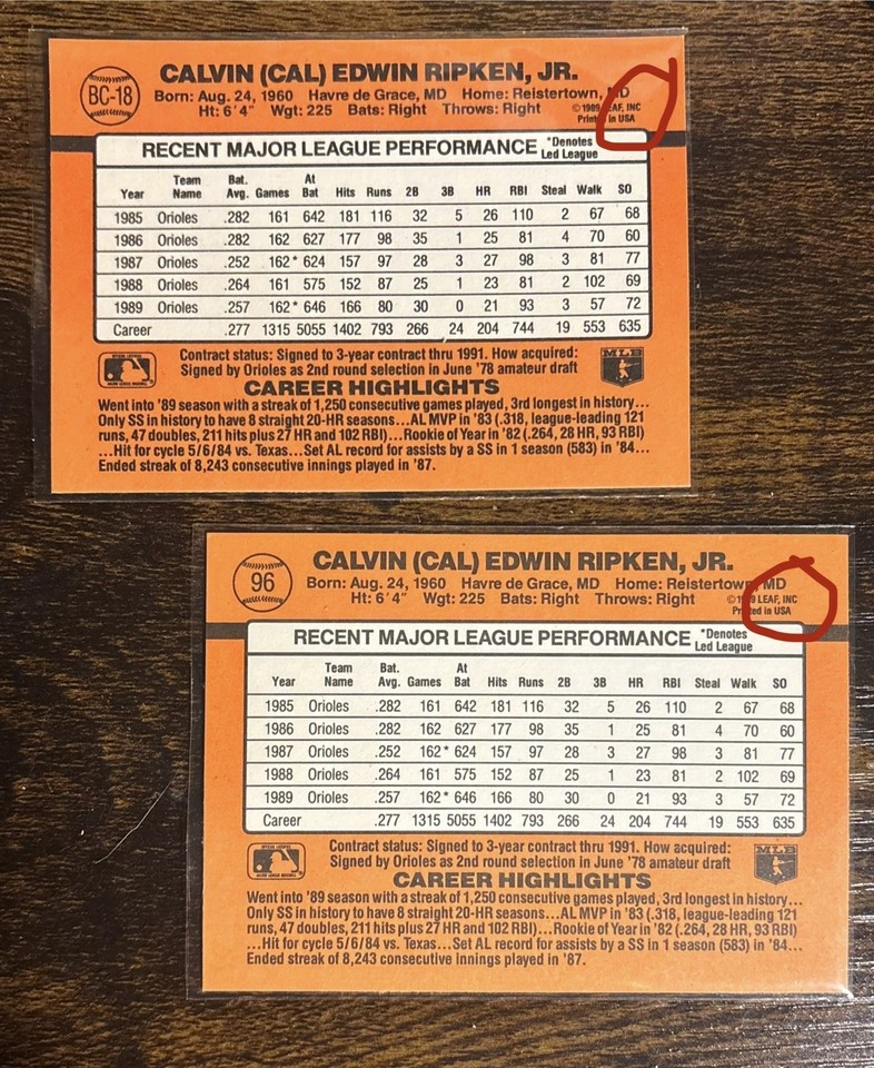 1990 Donruss Cal Ripken Error Cards! Both Missing “.” After “inc”. MINT ...