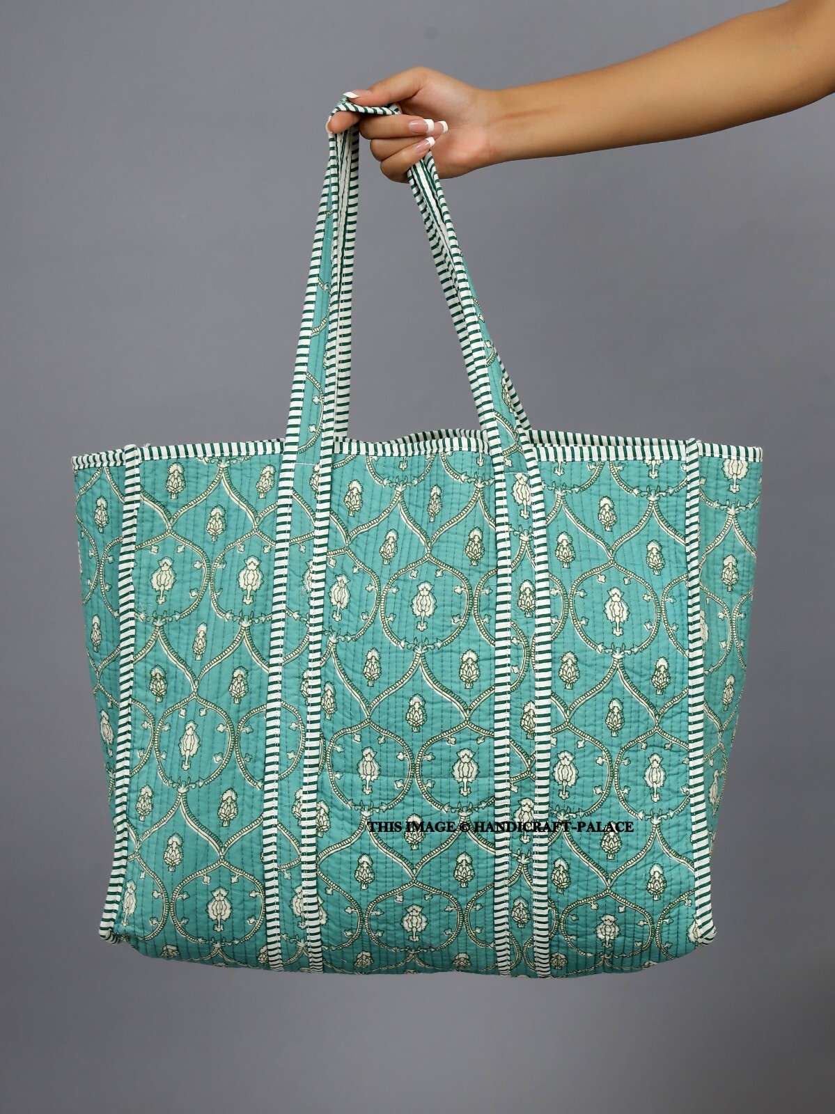 Quilted Cotton Handprinted Reversible Large Peach Green Tote Bag ...