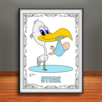 Cartoon Stork Print, Baby Delivery Wall Art, Stork Decor, Mystical Art ...