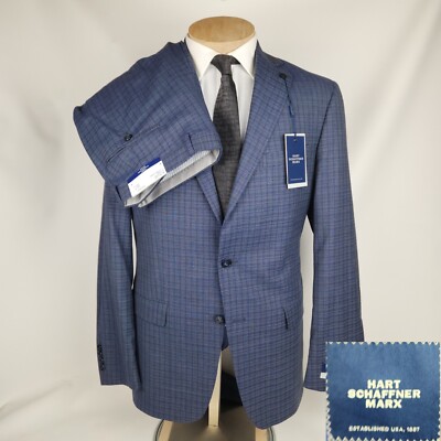 Hart Schaffner Marx Suit Mens 40L 34W Chicago Fit Wool Blue Plaid 2 ...