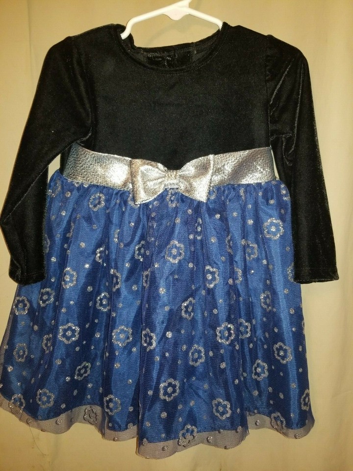 Bonnie Baby -Long Sleeve Black Velvet Glittery Blue Tulle Dress Size ...