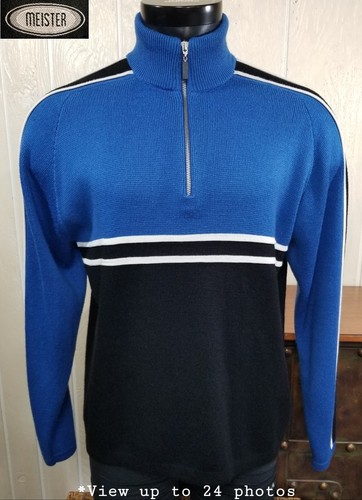 Meister Wool Blend Ski Sweater Men's Sz L Blue Black 1/4 Zip Pullover ...