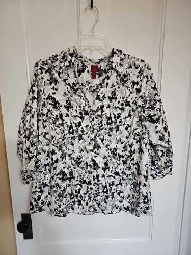 212 Collection Blouse 1X White Black Gray 3/4 Sleeve Button Front | eBay