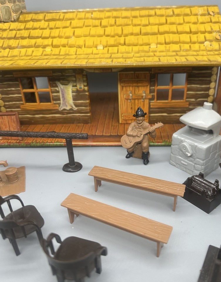 Vtg Roy Rogers Marx Play set BAR M RANCH Tin Litho Cabin w Accessories ...