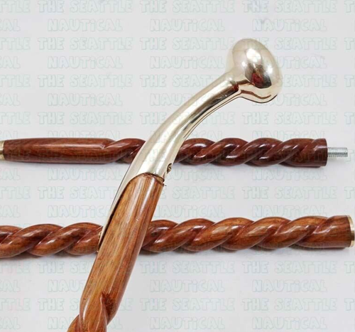 Brass 7" Horse Hame Ball Handle Hand Carved Brown Wooden Spiral Walking ...