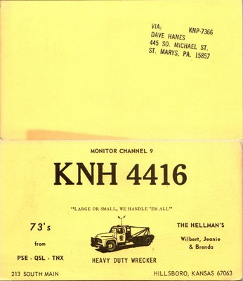 Ham Radio QSL Card KNH-4416 Hillsboro KS Hellman Heavy Duty Wrecker ...