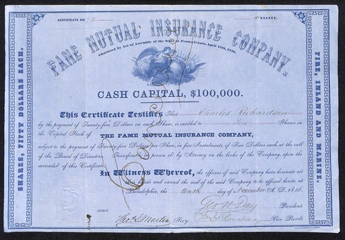 Fame Mutual Insurance Company PA 1856 Stock Certificate Charles ...