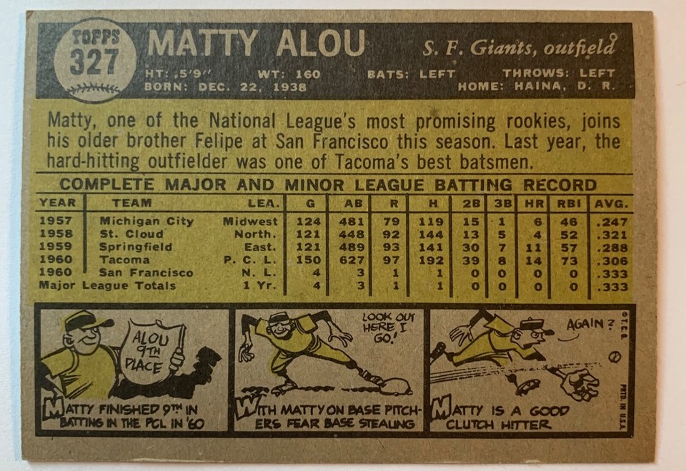 1961 Matty Alou Topps Rookie Card # 327 | eBay