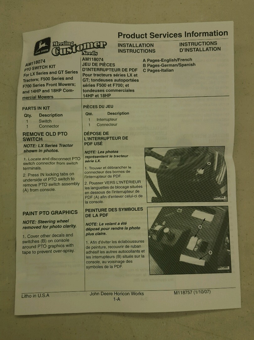 AM118804 John Deere OEM PTO Switch Kit | eBay