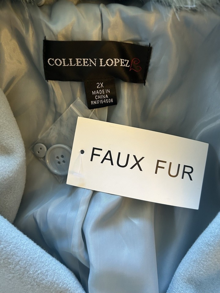 COLLEEN LOPEZ Blue Belted Winter Coat Removable Faux Fur Collar Sz 2X ...