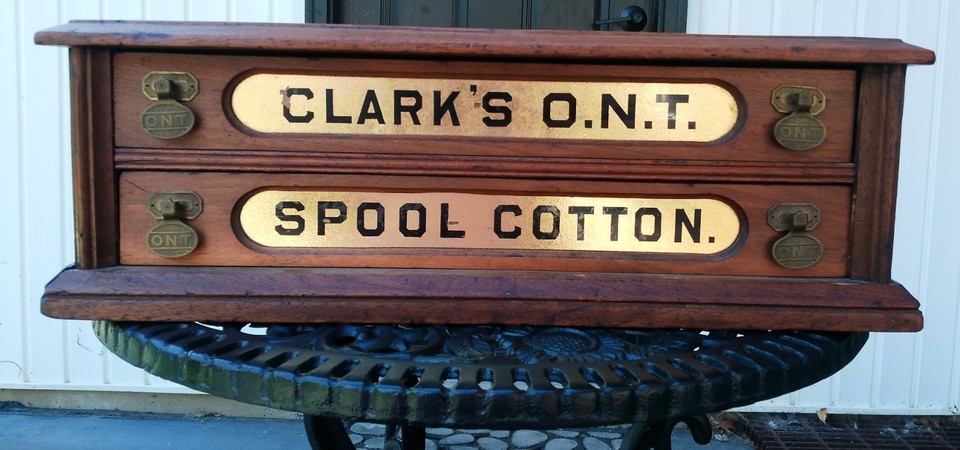 Antique CLARK'S ONT Spool Cotton Wood 2 Drawer Brass Pulls Sewing ...
