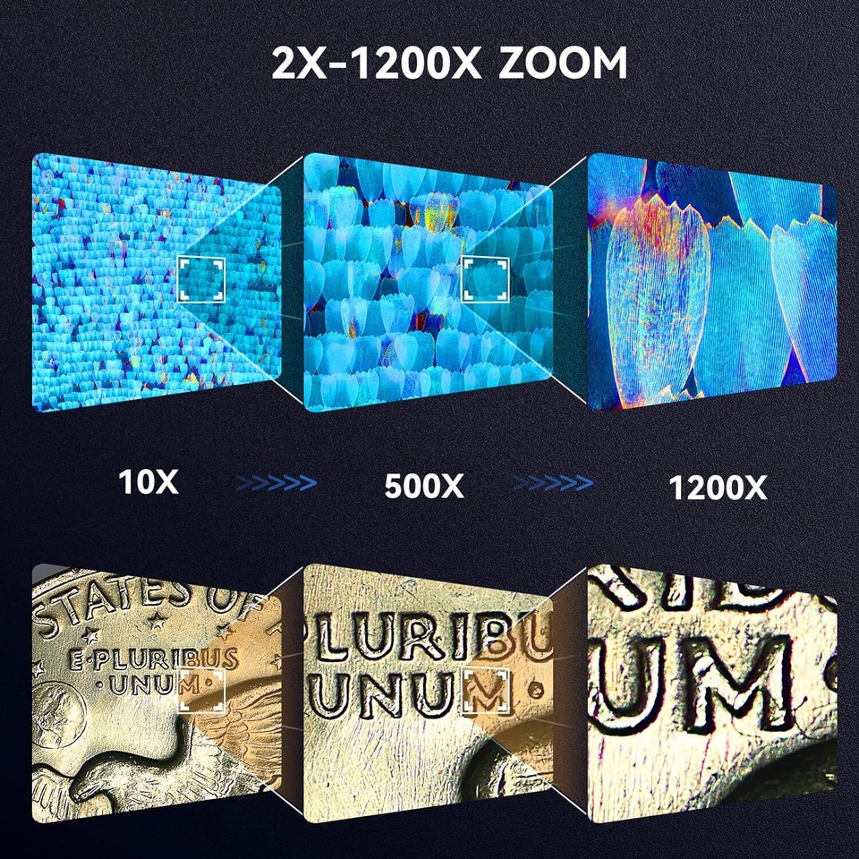 TOMLOV 2K HDMI & USB Digital Microscope 1200x Error Coin Microscope 7 ...