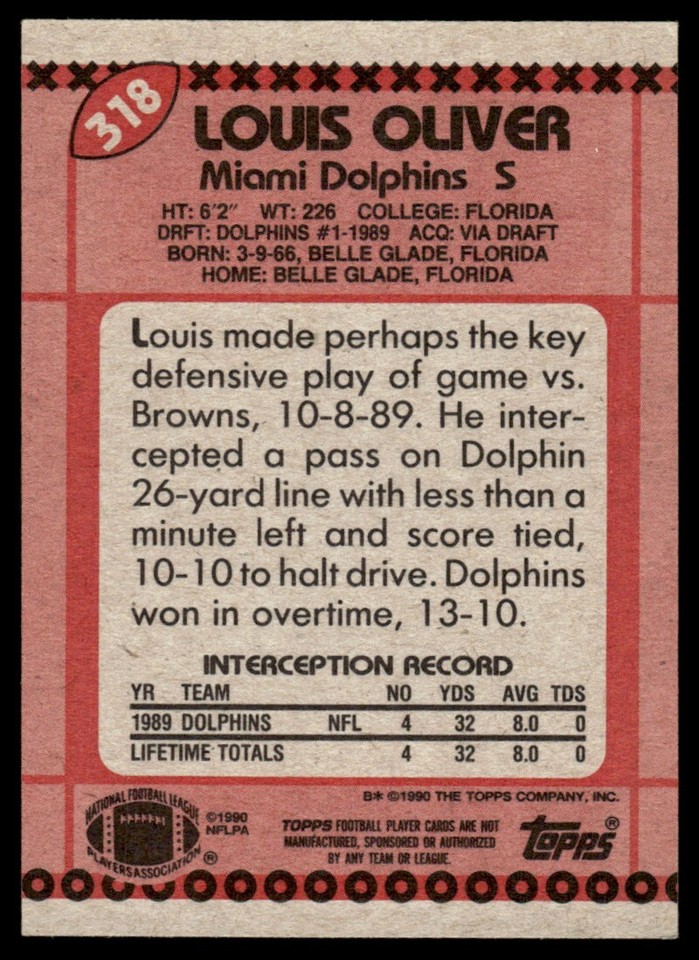 1990 Topps #318 Louis Oliver Miami Dolphins | eBay