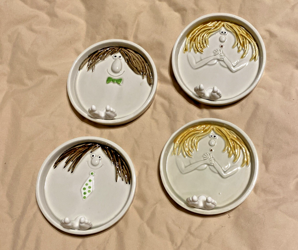 Vintage NEW Set of 4 Fitz Floyd Man w/bow tie Coasters Ashtrays Raised ...