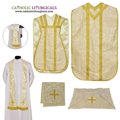 Metallic GOLD Roman Chasuble Fiddleback Vestment 5pcs Mass set Casulla ...
